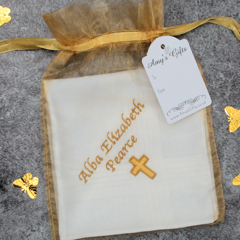 Cross Embroidered Handkerchief Personalised Christening Communion Hanky