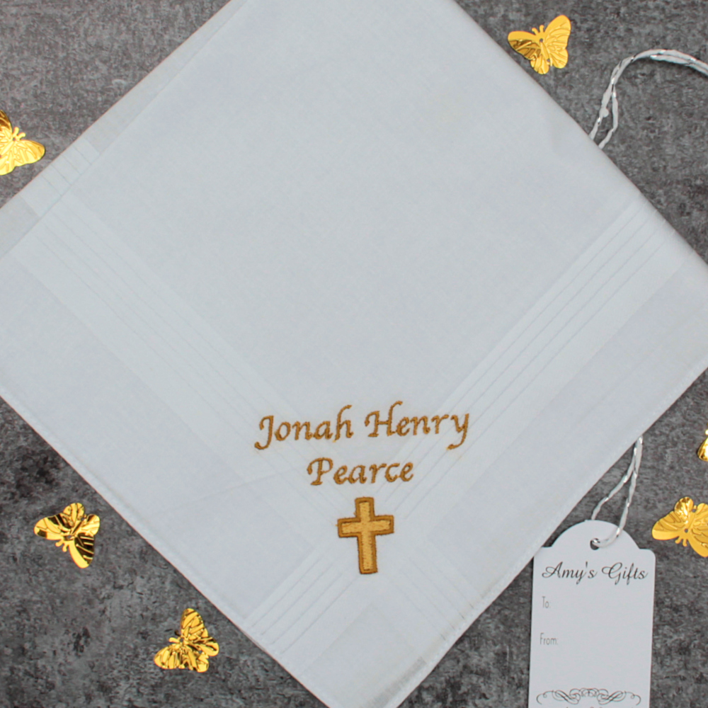 Cross Embroidered Handkerchief Personalised Christening Communion Hanky